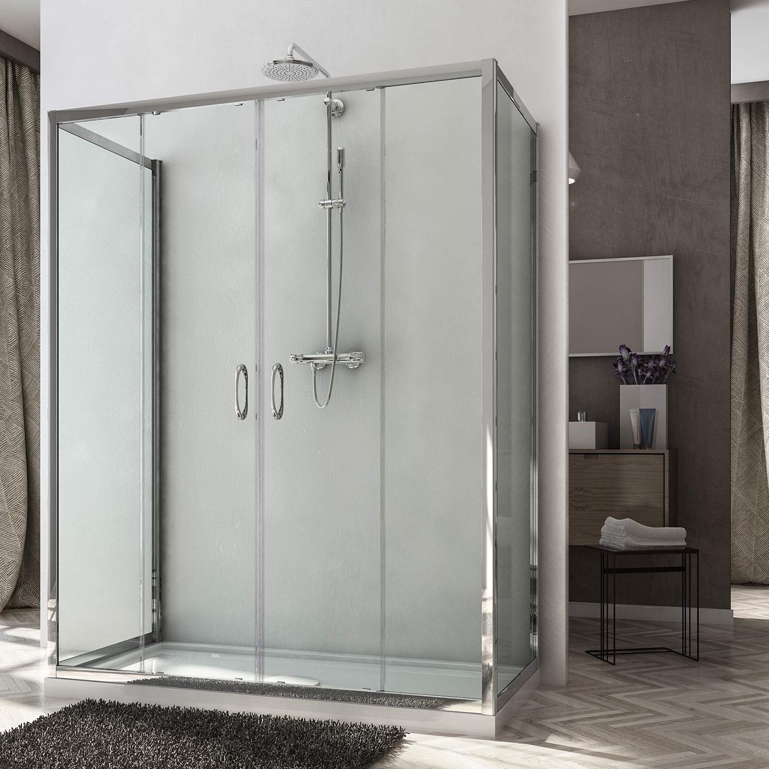 3 sided shower cabin, double sliding door, 185 or 198 cm height ...