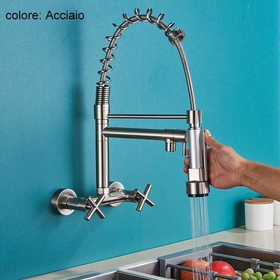Wall-mounted kitchen tap with pull-out spray available in black chrome ...