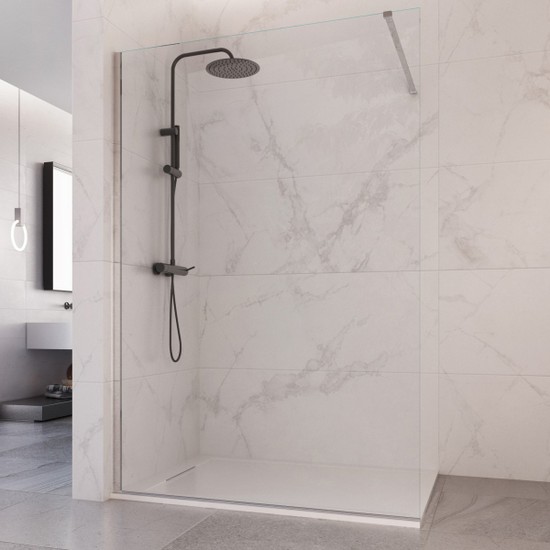 Transparent walk-in shower panel with anti-limescale treatment ...