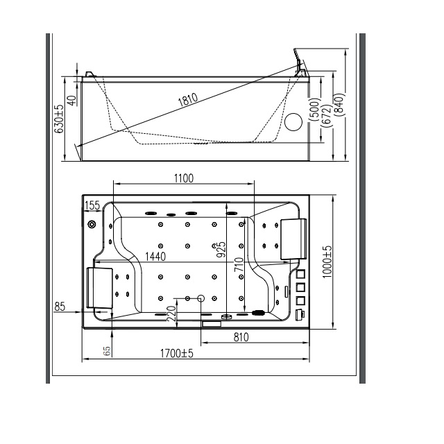 170x100 cm jacuzzi with 34 jets, heater, airpool and whirlpool pump VS031